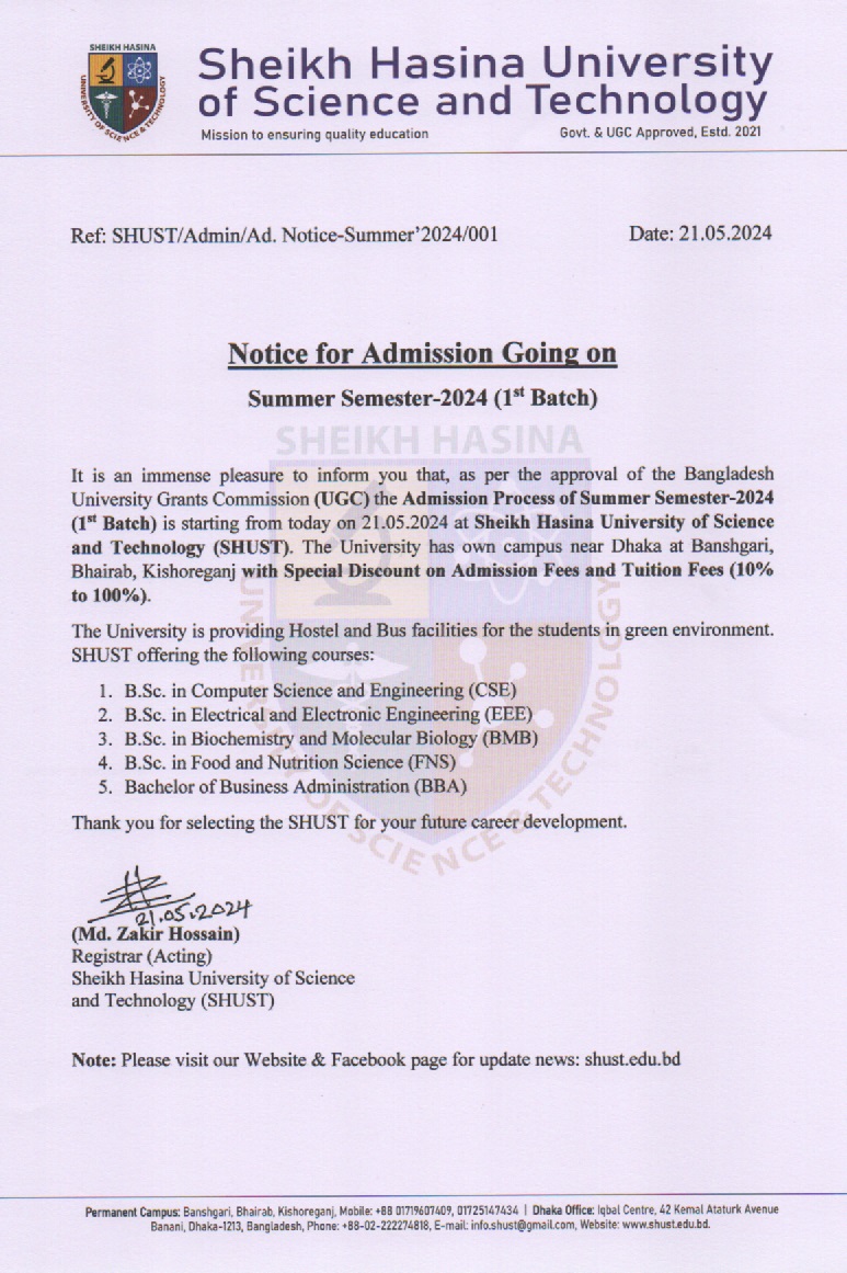 Admission Notice, Summer-2024 - Dr. Momtaz Begum University of Science ...
